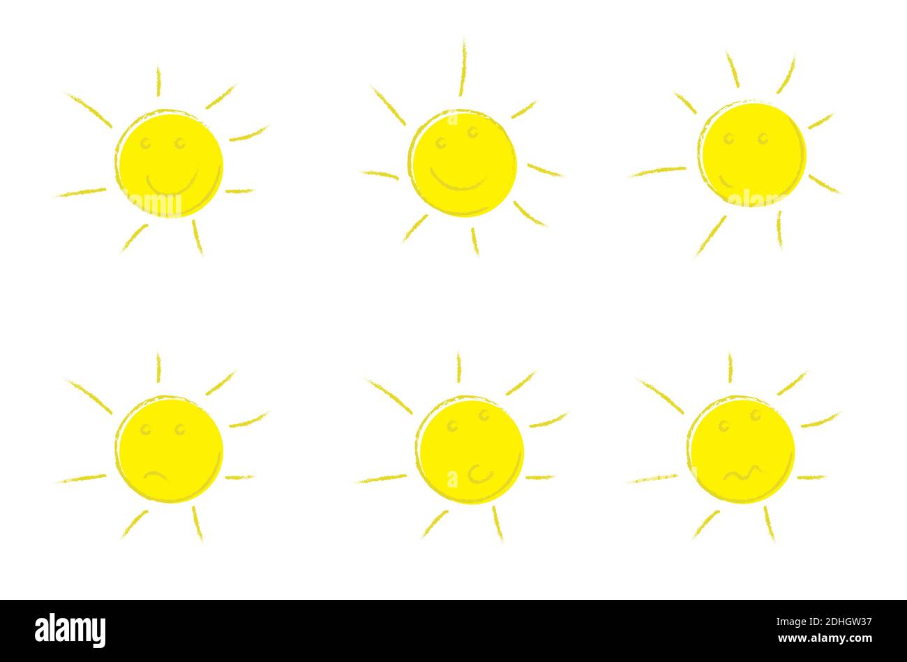 Set von hellen Sommersonne mit verschiedenen Emotionen, handgezeichnet ...