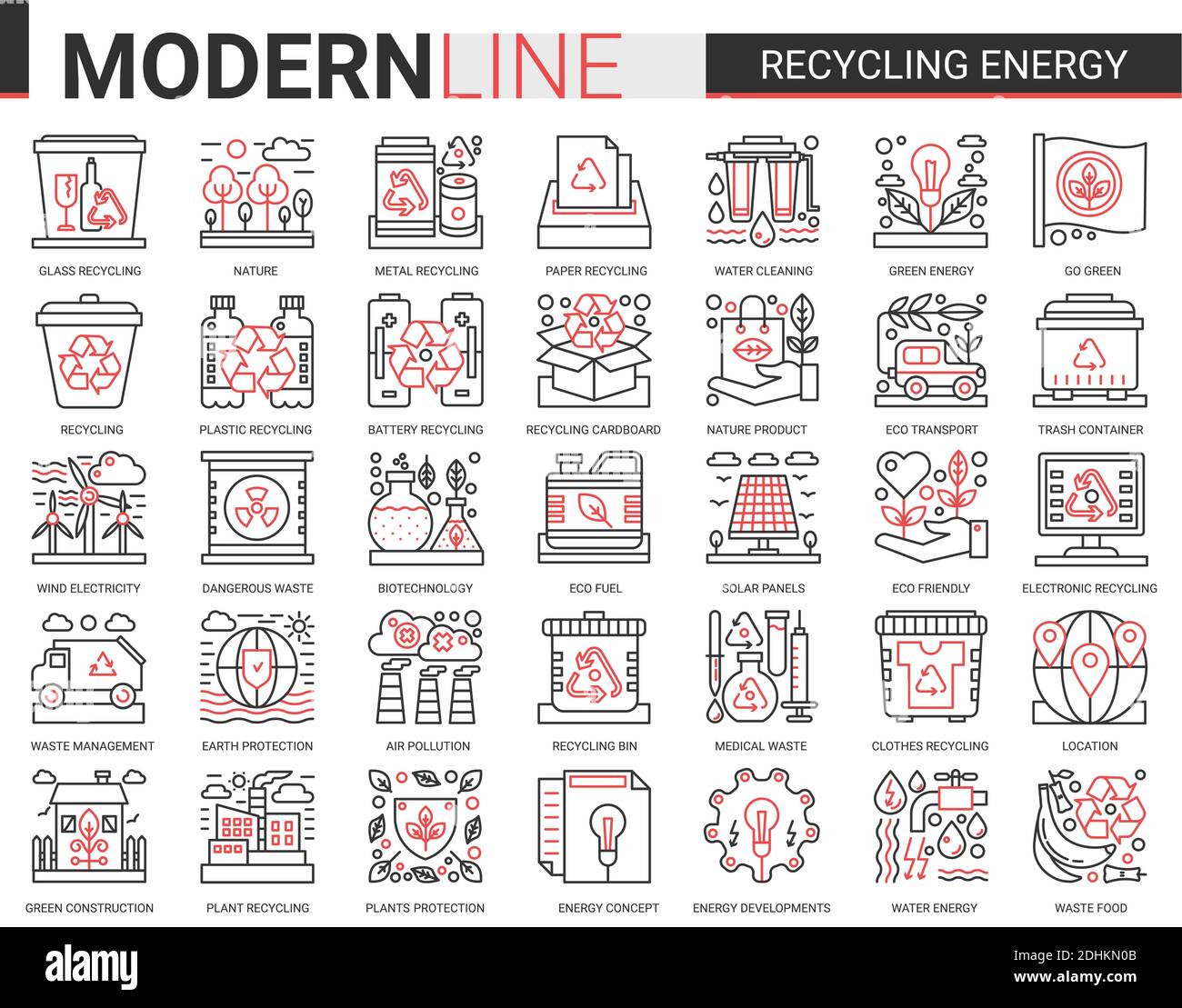 Recycling Energie rot schwarz Umriss Mini-Konzept Symbole. Erneuerbare ...