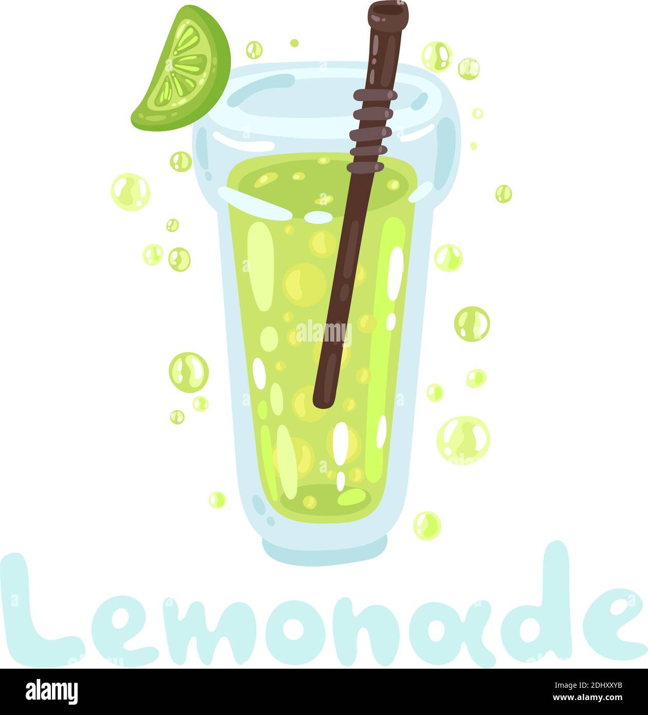 Limonade und Blasen in einem Glas mit einem srow. Flaches buntes Gelb ...