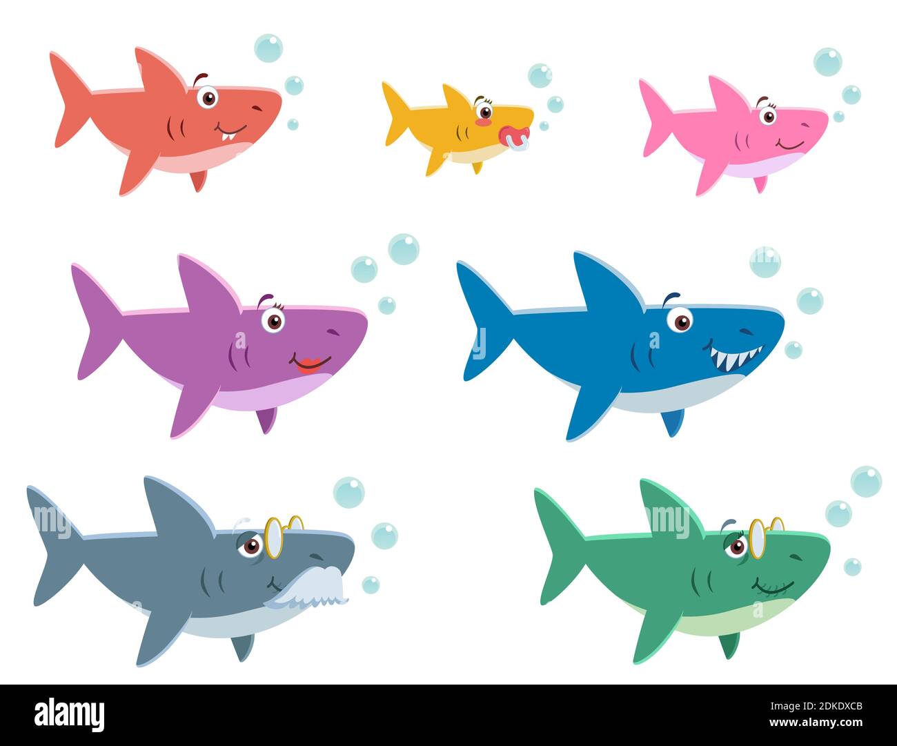 Familie Hai Satz von bunten Cartoon Fisch Figur isoliert auf weißem ...
