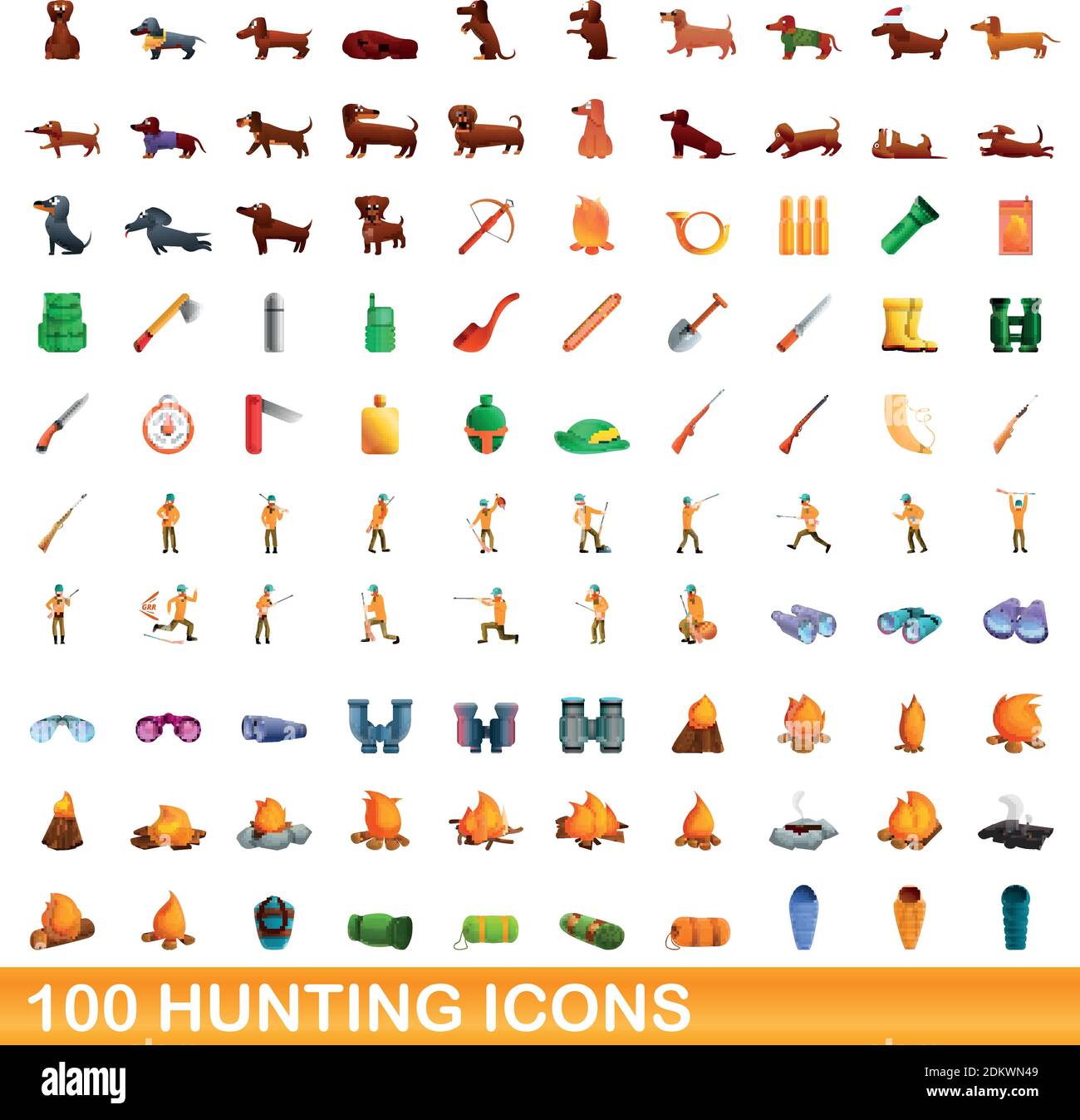 100 Symbole für die Jagd. Cartoon Illustration von 100 Jagd-Icons ...