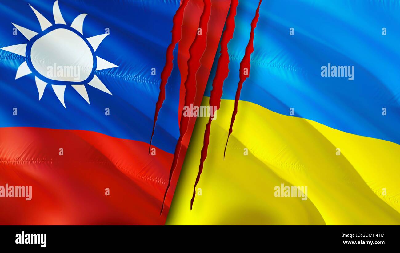 Taiwan und Ukraine Flaggen mit Narbe Konzept. Winkende Flagge, 3D ...