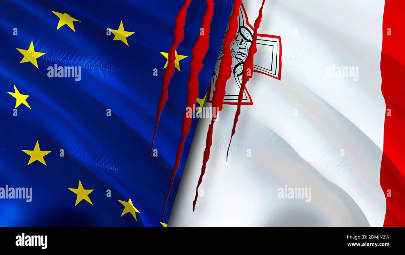 Flaggen der Europäischen Union und Maltas mit Narbenkonzept. Winkende ...