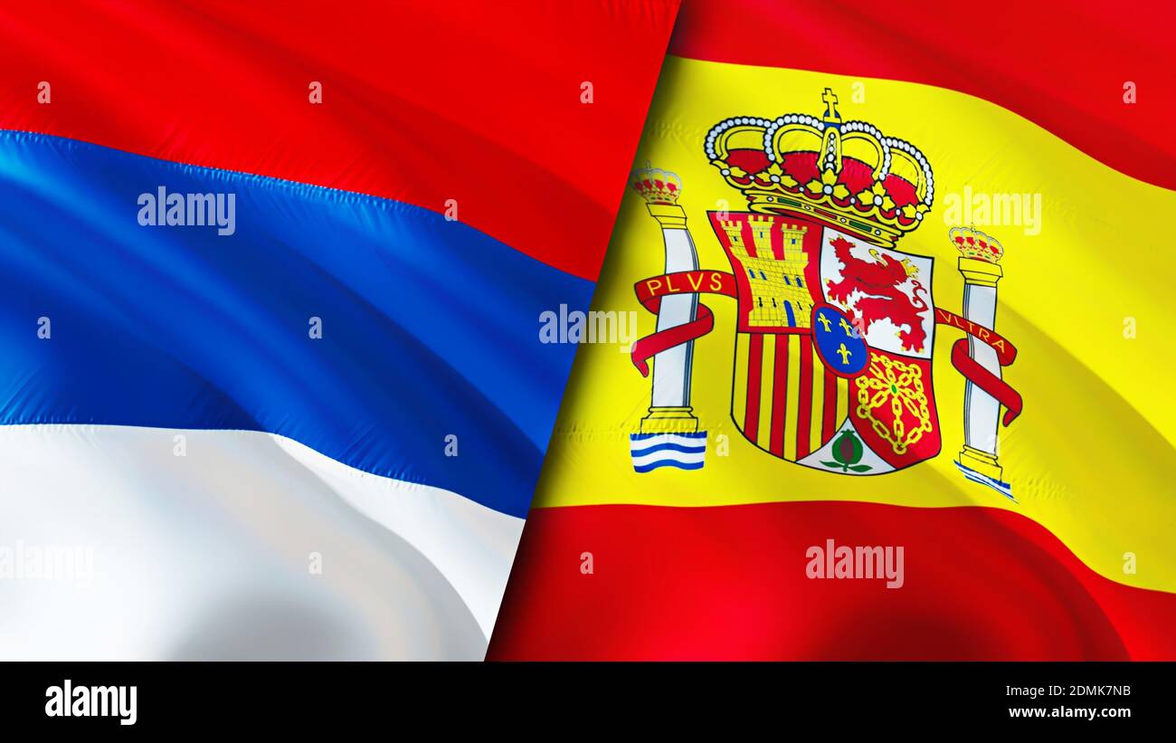 Flagge Serbiens und Spaniens. 3D-Design mit wehenden Fahnen. Serbien ... Flagge Serbiens und Spaniens. 3D-Design mit wehenden Fahnen. Serbien ...