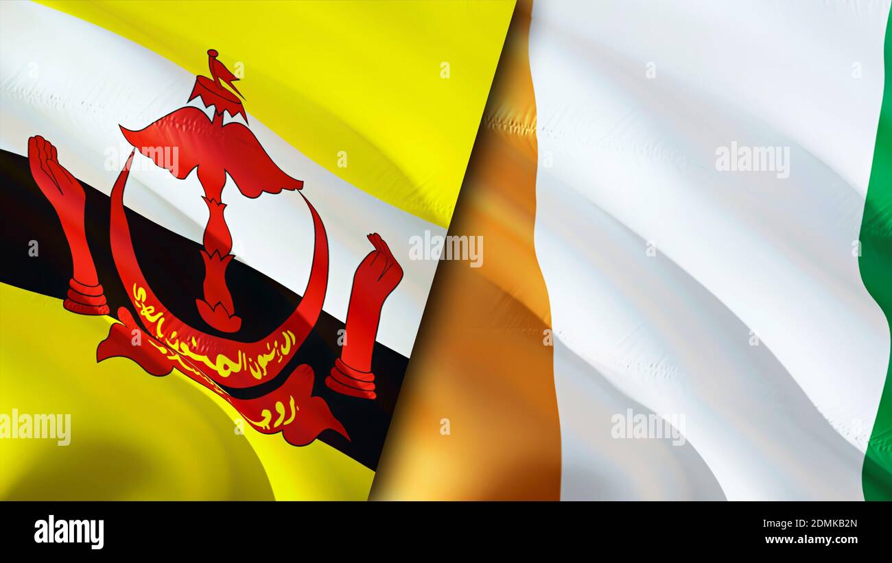 Flaggen von Brunei und Elfenbeinküste. 3D-Design mit wehenden Fahnen ...