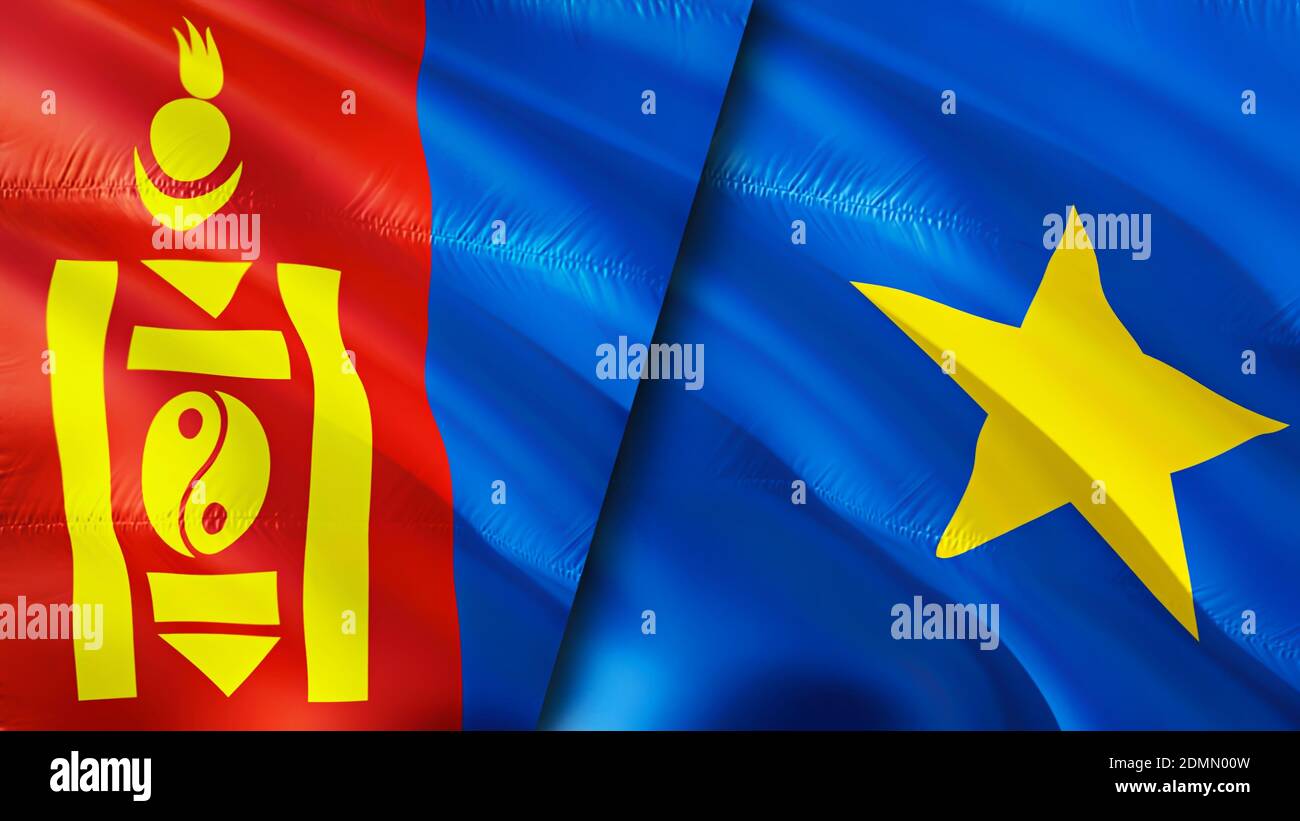 Flaggen der Mongolei und der DR Kongo. 3D-Design mit wehenden Fahnen ...