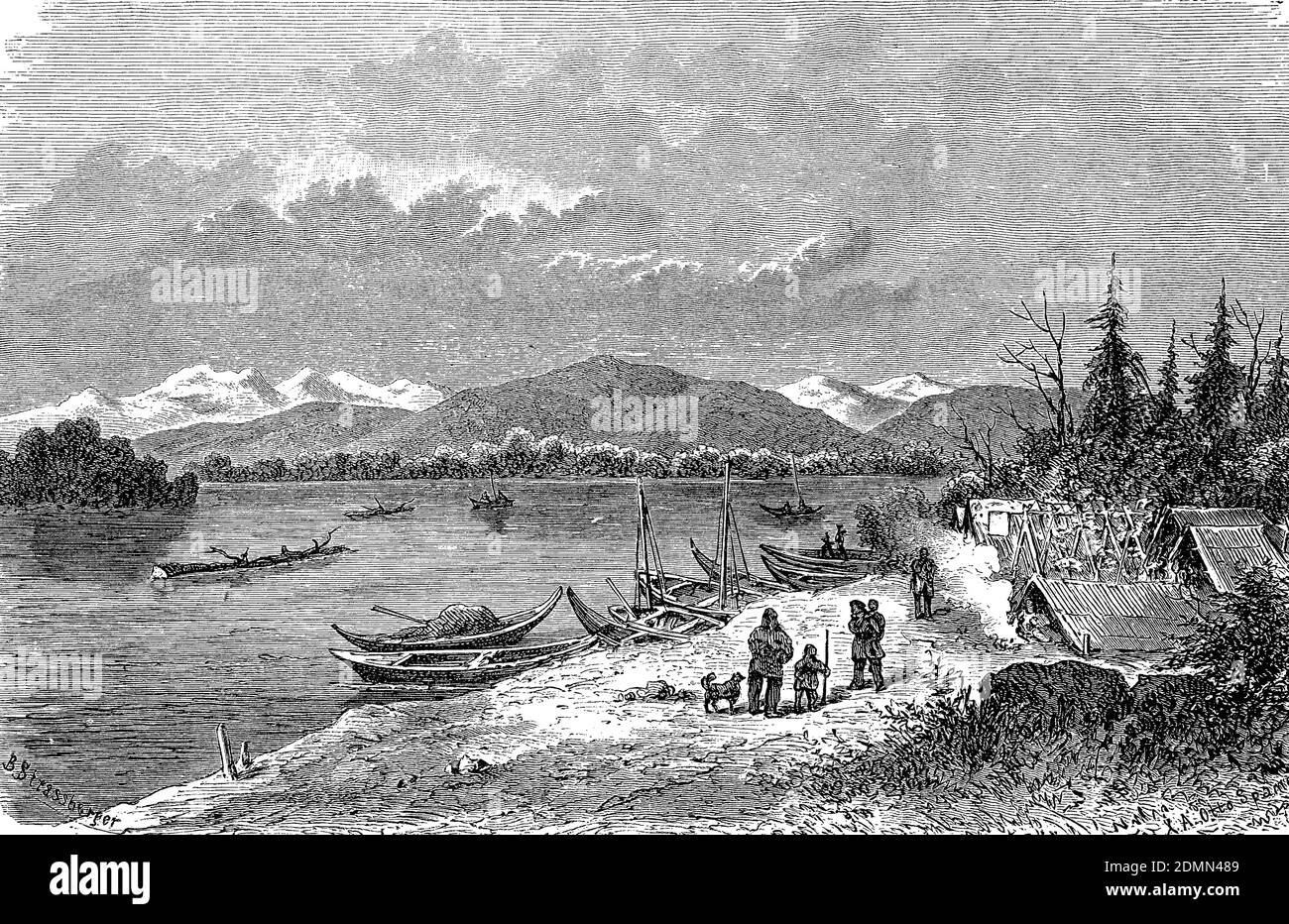 Indianerdorf Rewiccargue am Yukon in Alaska, 1880 / Indianerdorf ...