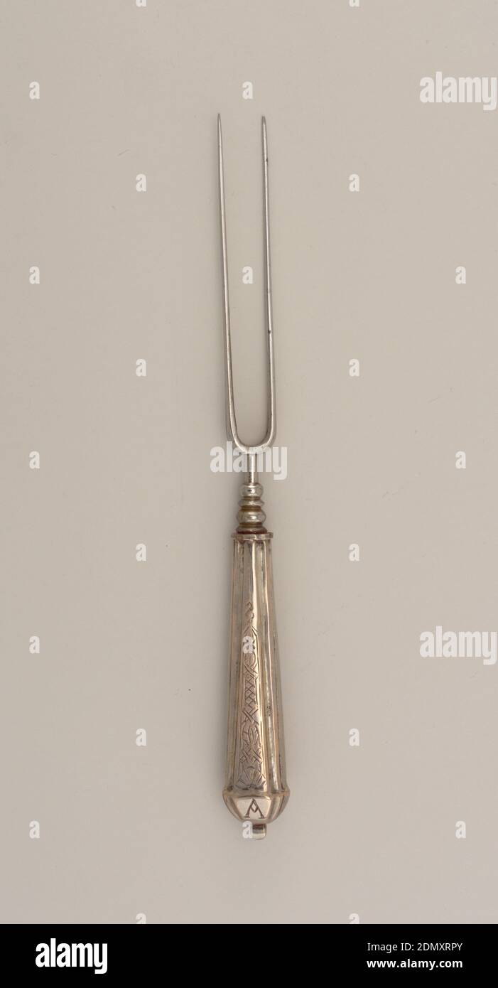 fork, silver, steel, Fork has two long tines with baluster neck ...