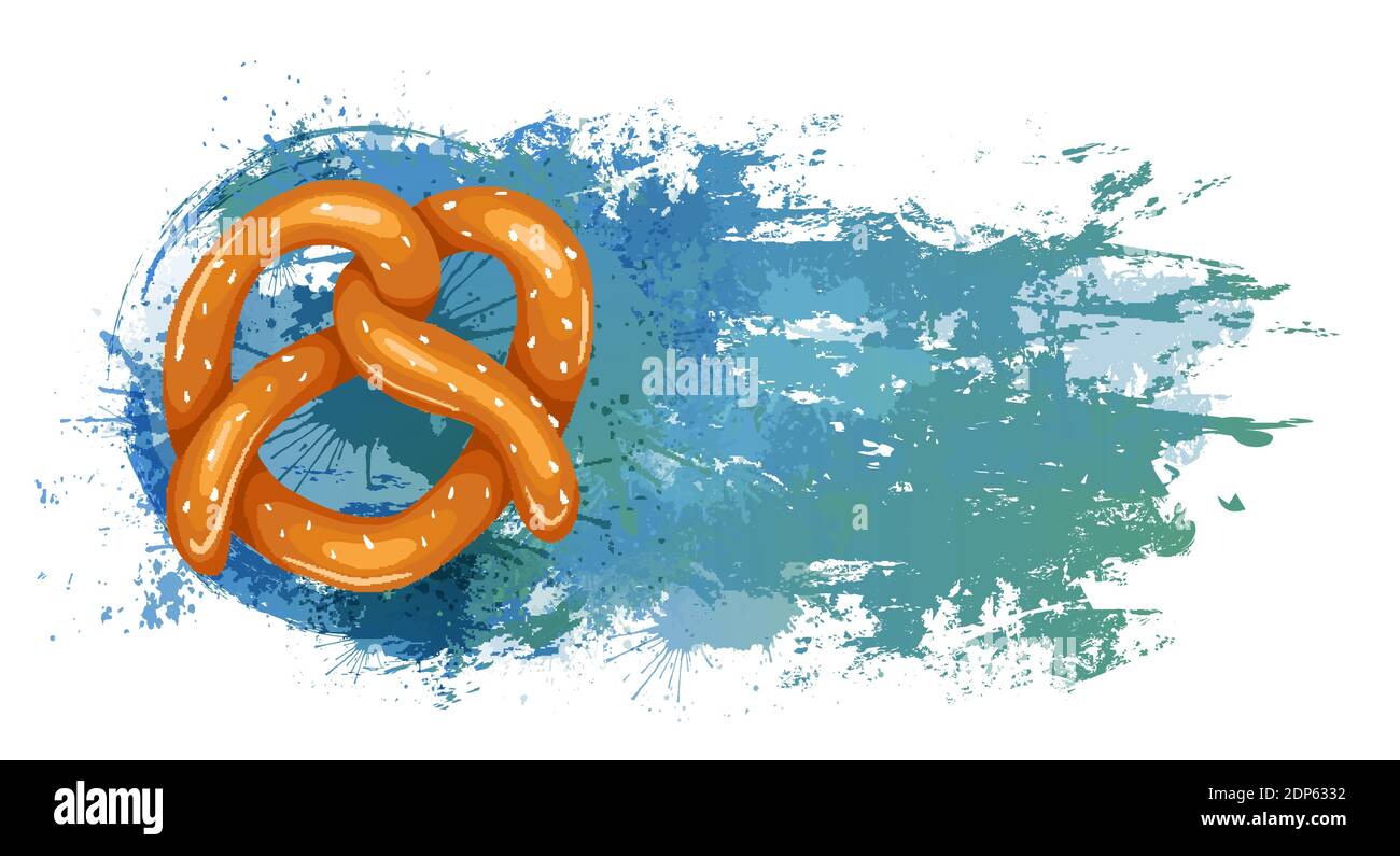 Bayrische Brezel behandeln auf blauem Grunge Kratzer und Spritzer ...