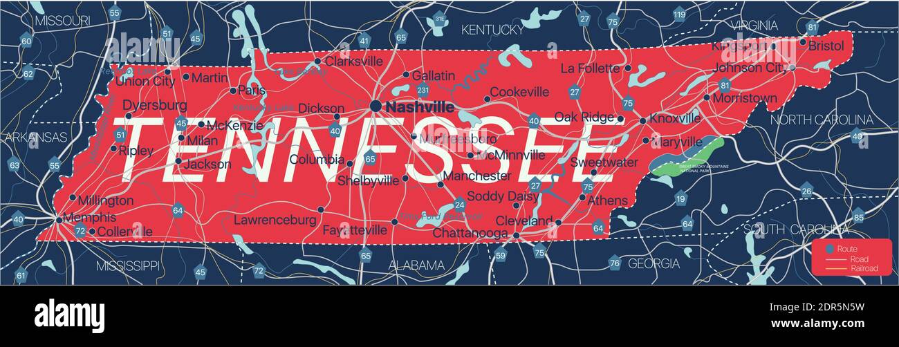 Tennessy State detaillierte bearbeitbare Karte mit Städten und Städten ...