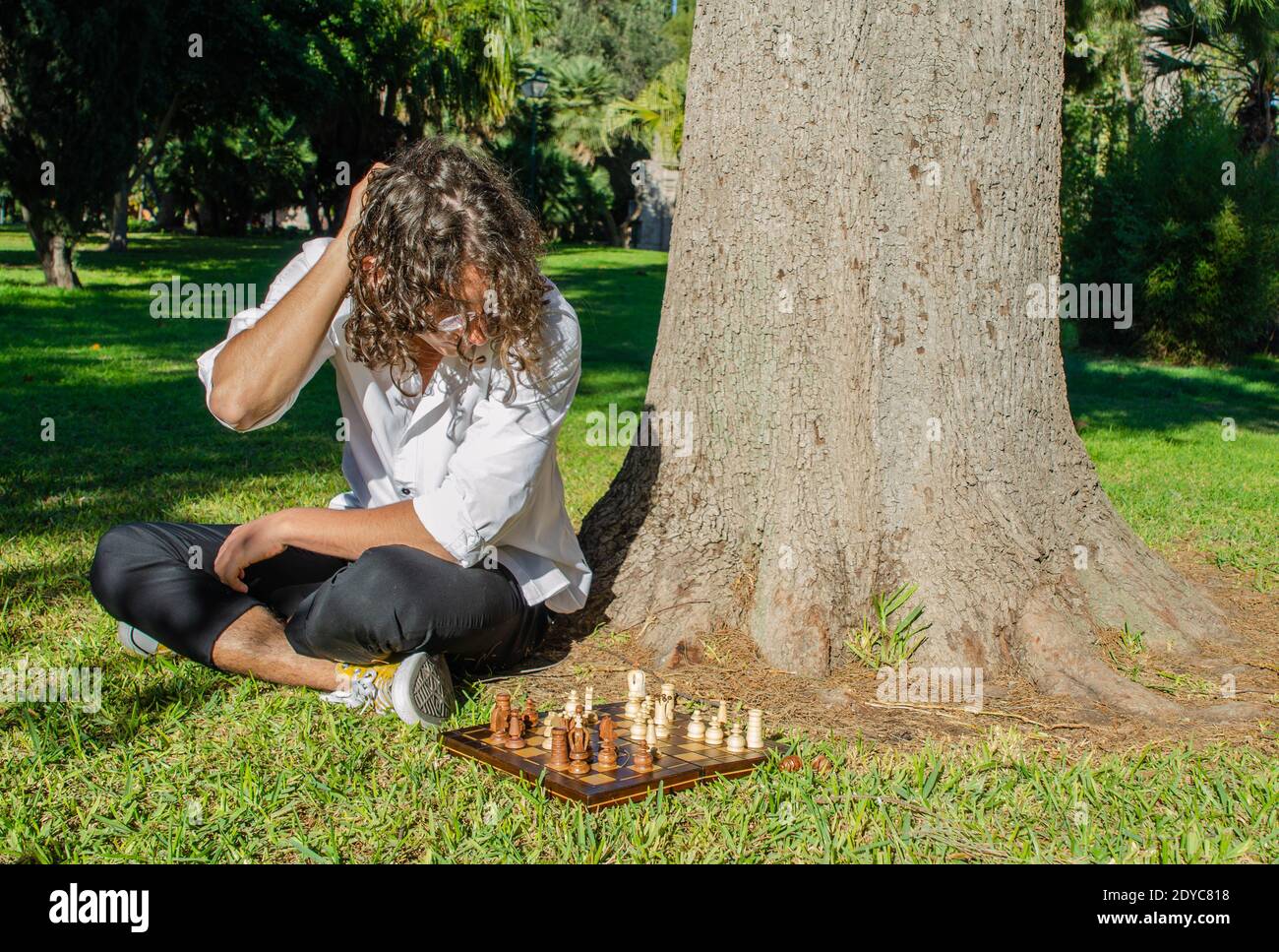 Ein lockiger langhaariger Kaukasianer, der bei einem Baum sitzt Der ... Ein lockiger langhaariger Kaukasianer, der bei einem Baum sitzt Der ...