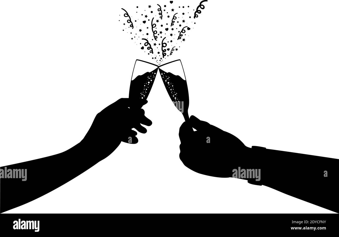 Silhouetten von zwei Händen mit einem Glas Champagner. Symbol Feiertag ...
