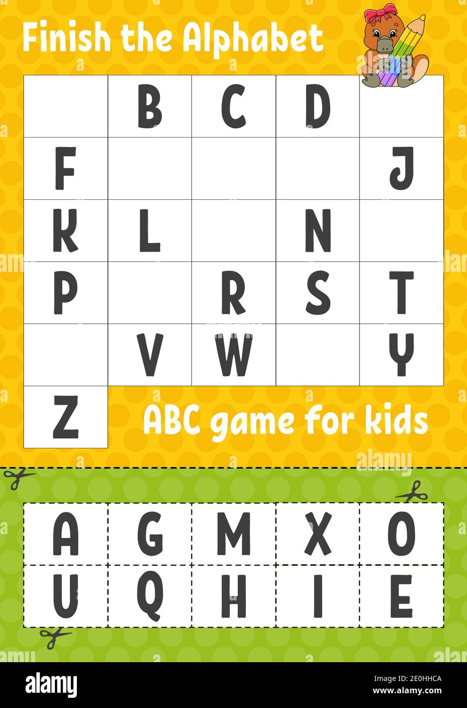 Das Alphabet fertig stellen. ABC-Spiel für Kinder. Schneiden und kleben ...