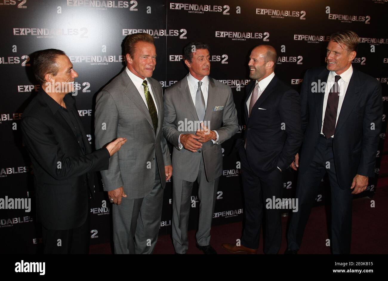 (L-R) Jean-Claude Van Damme, Arnold Schwarzenegger, Sylvester Stallone ...