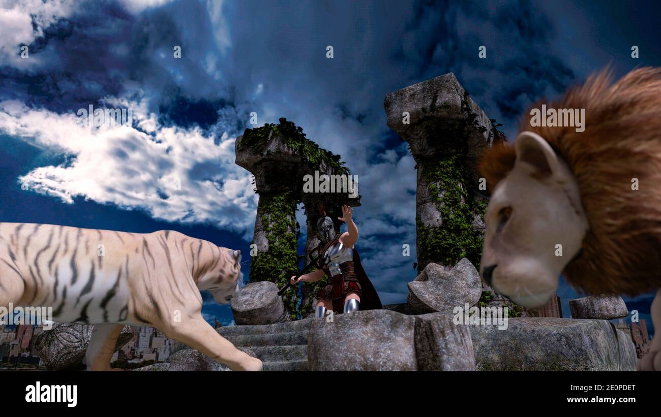 Gladiator Krieger Kämpfer in Rüstung Kampf gegen einen Tiger und einen Löwen. Das antike ...