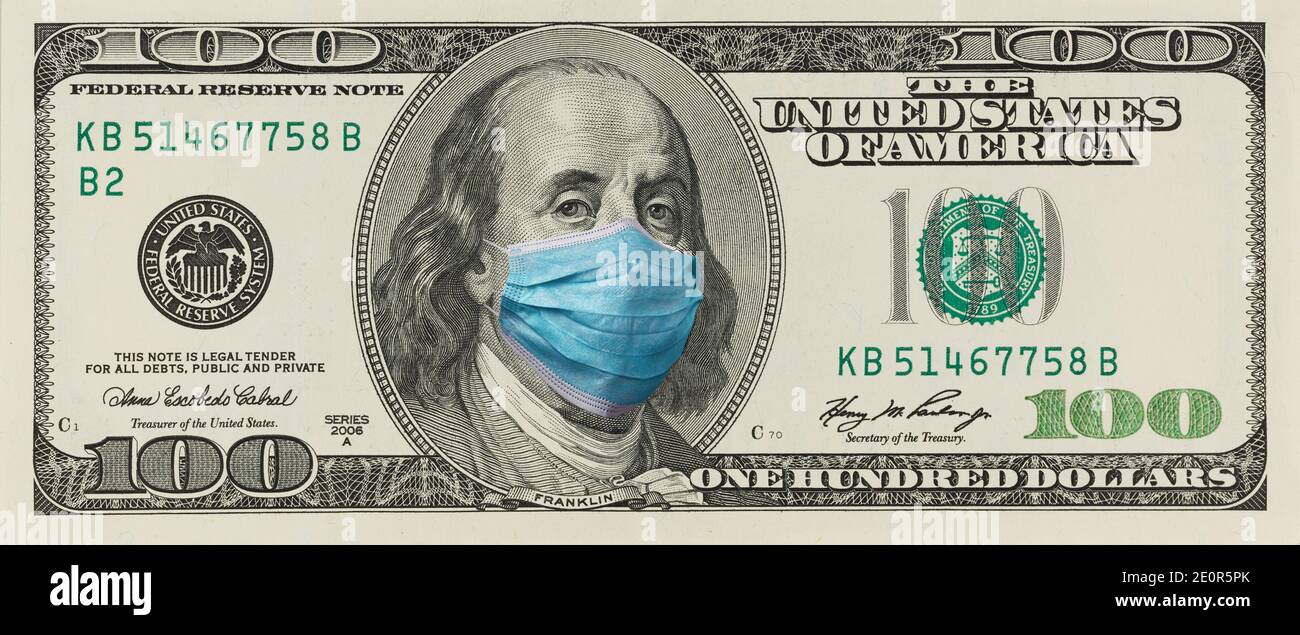Einhundert Dollar Bill mit chirurgischer Maske auf Benjamin Franklin ...