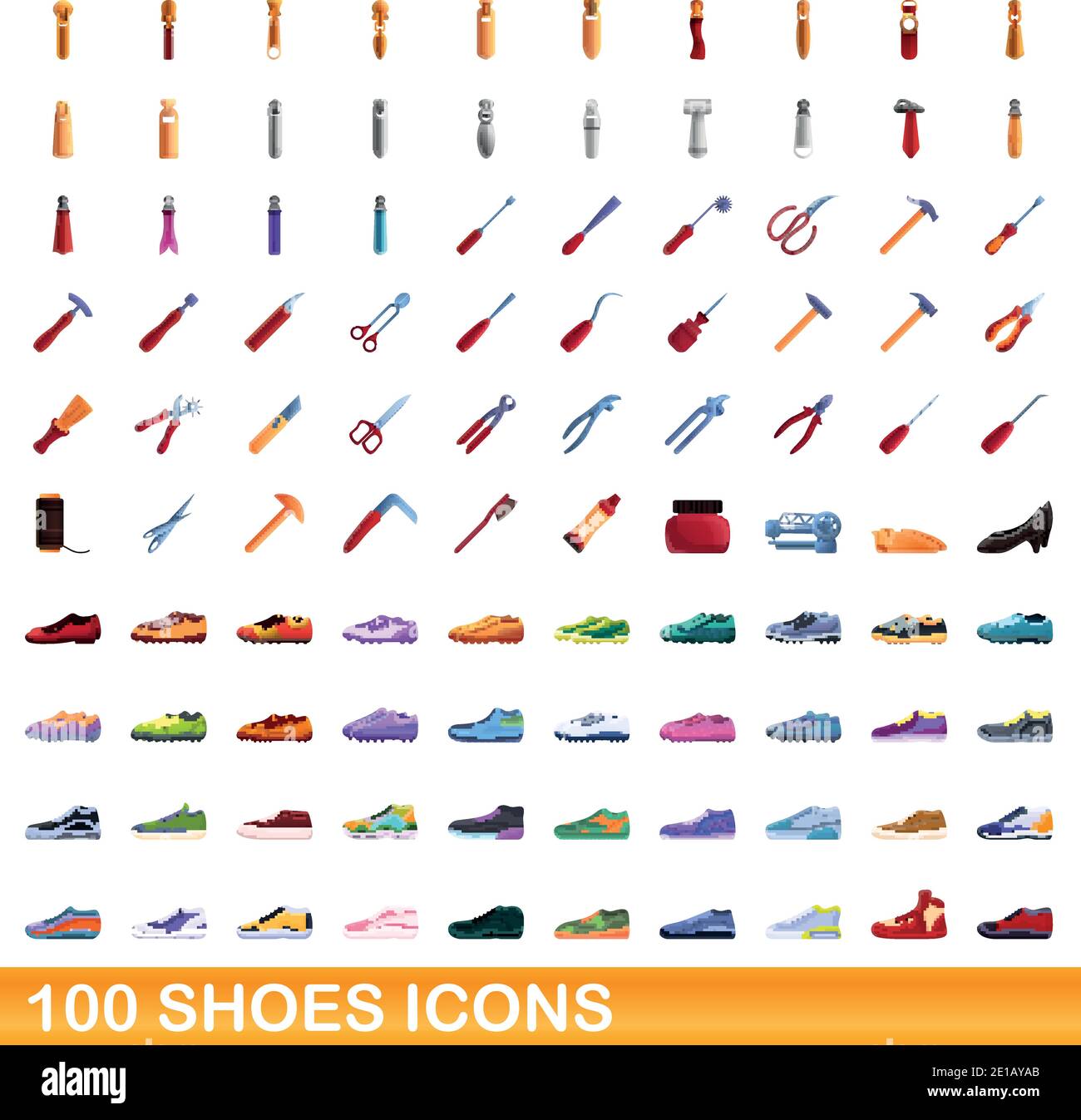 100 Schuhe Icons Set. Cartoon Illustration von 100 Schuhe Symbole ...