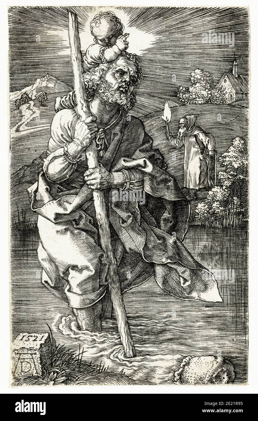 St. Christopher trägt das Christuskind, Stich von Albrecht Dürer, 1521 ...