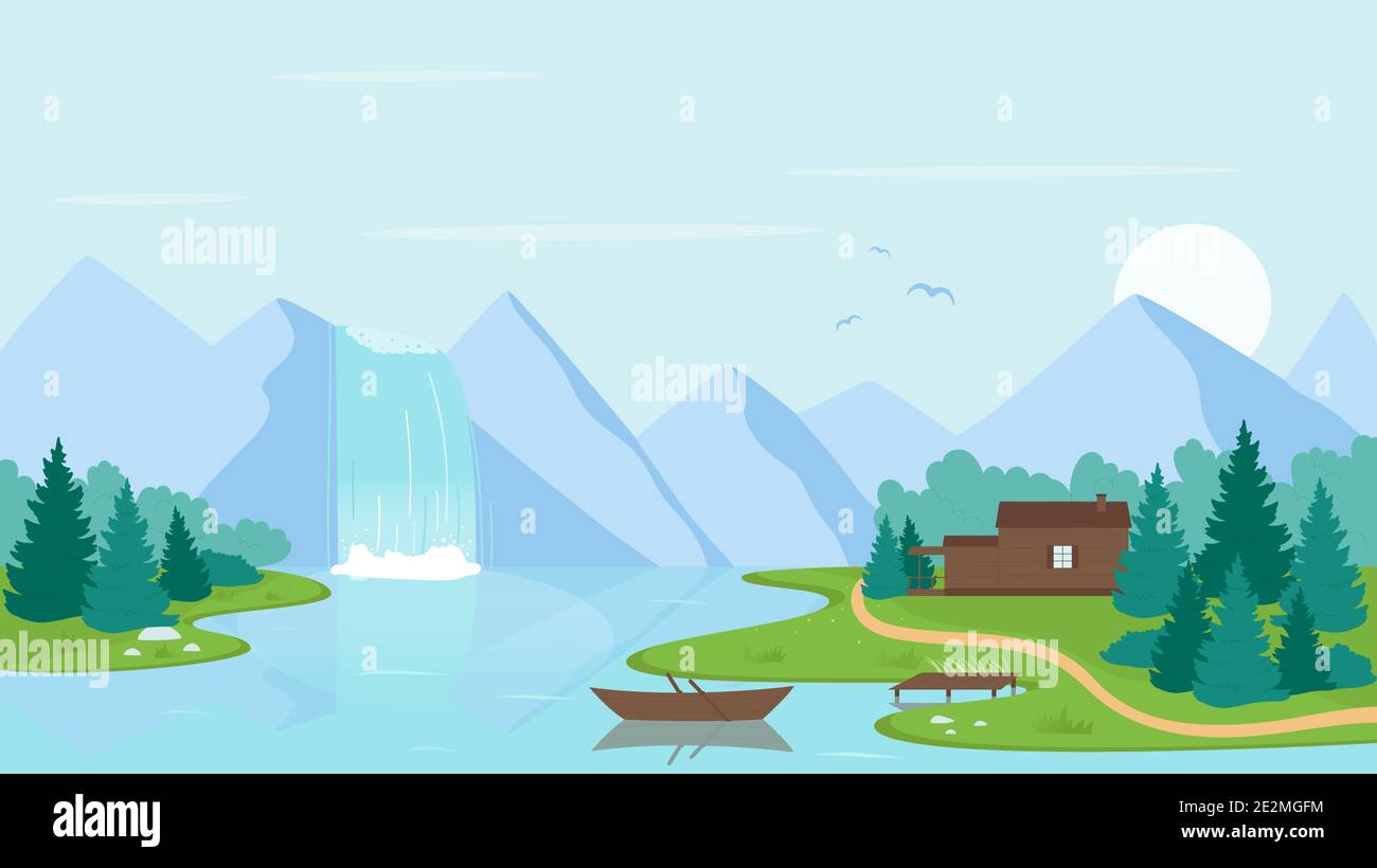 Wasserfall Fluss Landschaft Vektorgrafik. Cartoon wilde Land Natur ...