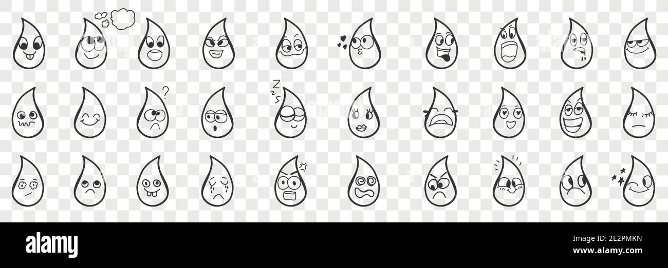 Wassertropfen Emoji Doodle Set. Sammlung von handgezeichneten ...