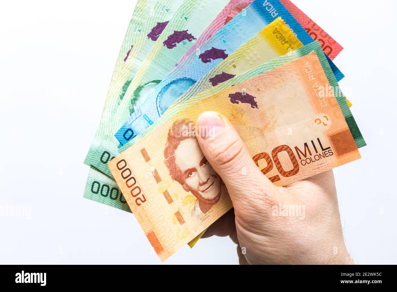 Costaricanische Geld, Colones, Banknoten in einem Fächer ausgebreitet ...