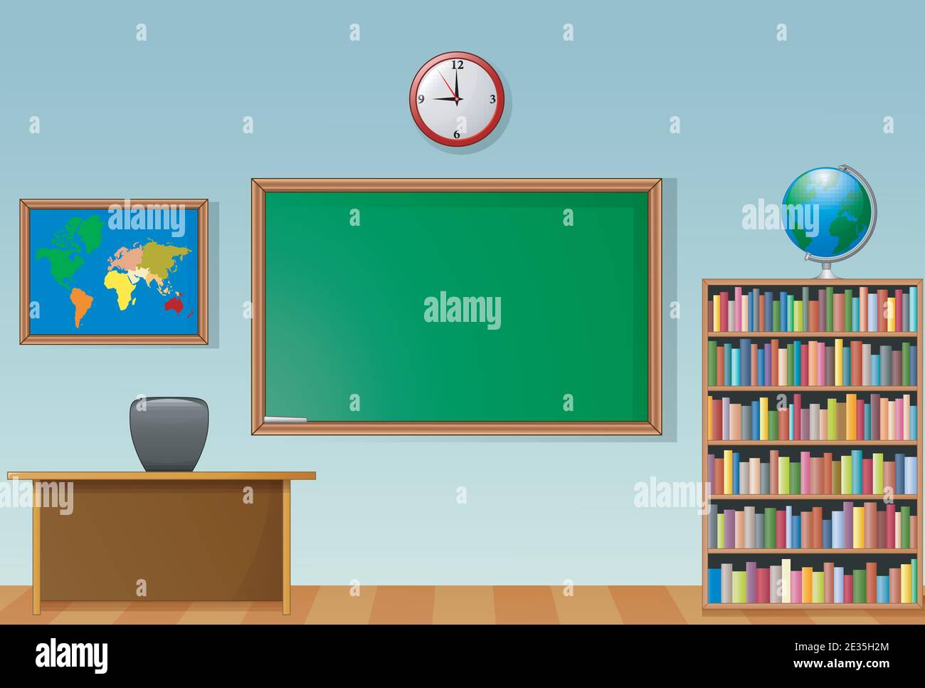 Vektor-Illustration der Schule Klassenzimmer Innenraum mit Tafel und Lehrer Schreibtisch Stock ...