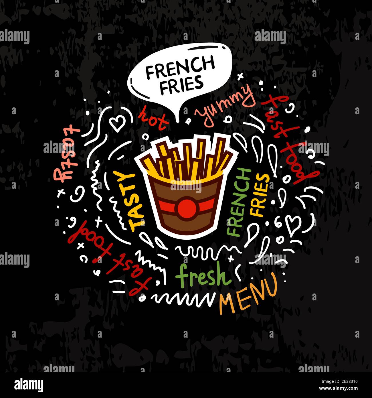 Leckere Pommes frites, Fast-Food-Poster. Vektor Farbe flache ...