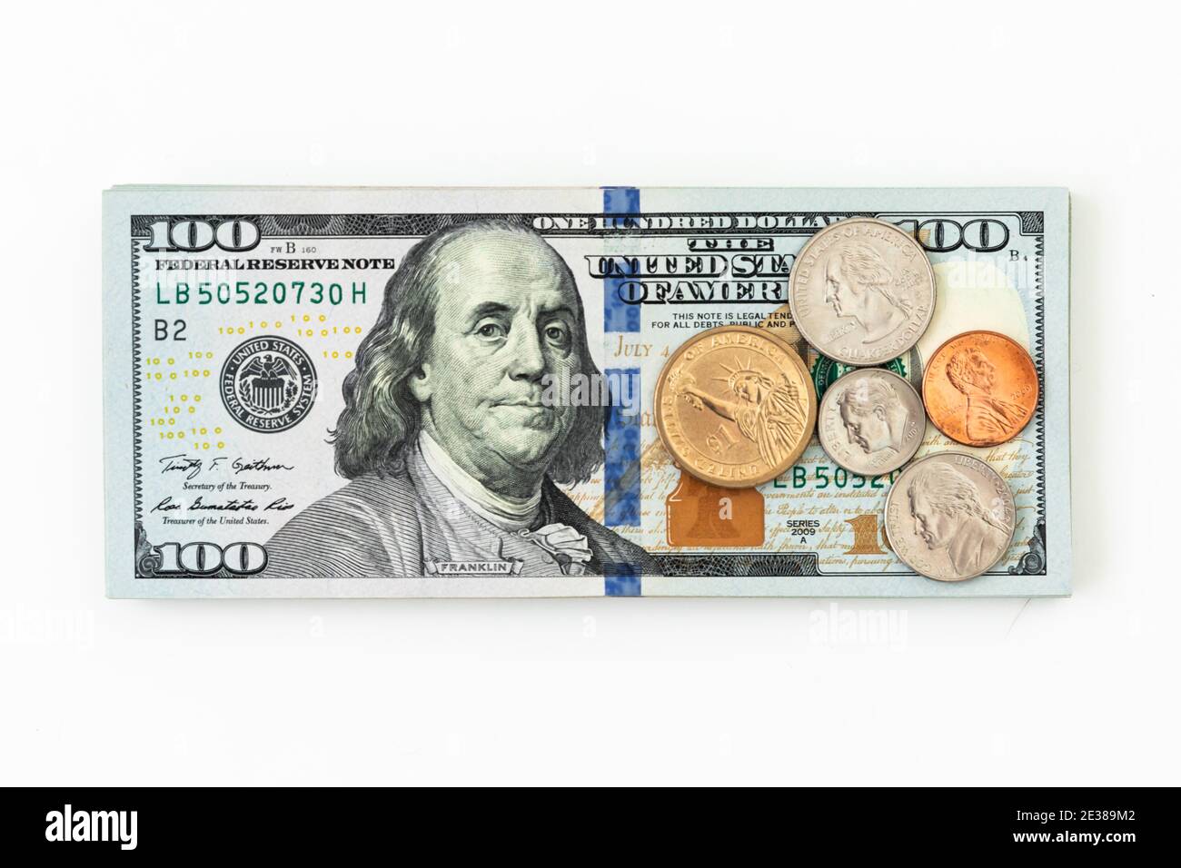 US-Dollar-Banknoten. Hundert Dollar Scheine und Münzen Stockfotografie ...