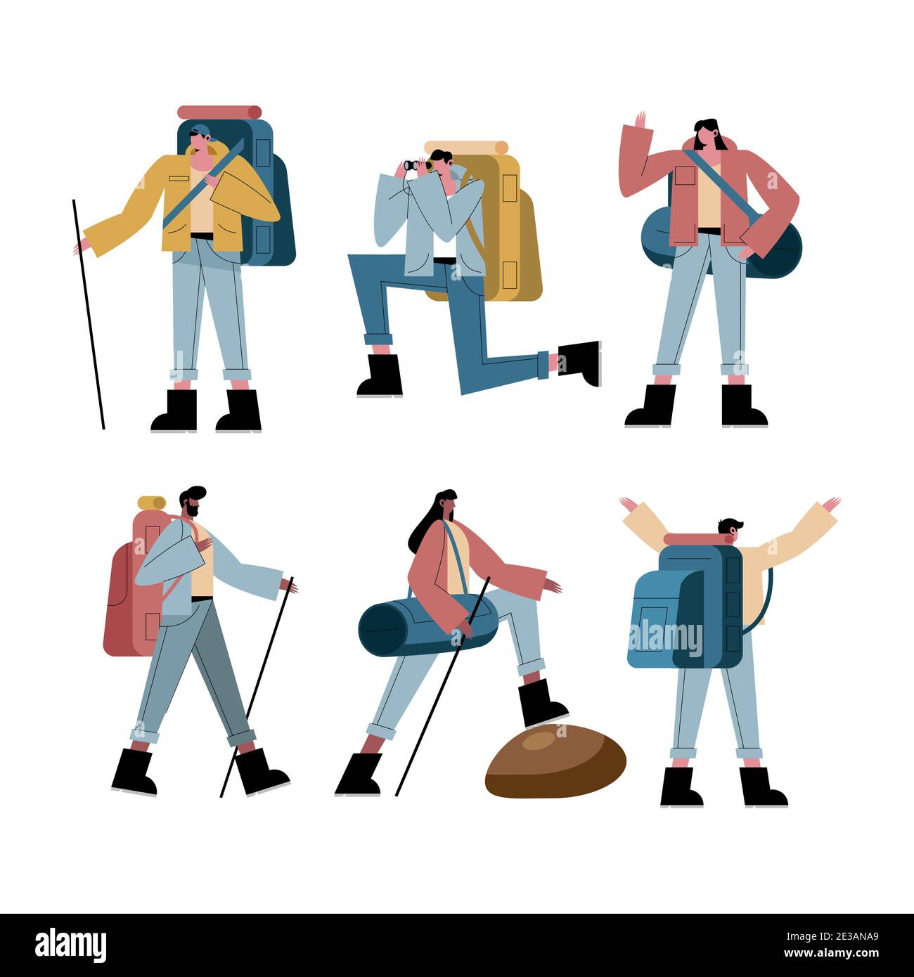 Wanderer Menschen Cartoons mit Taschen und Sticks Symbol Set Design ...