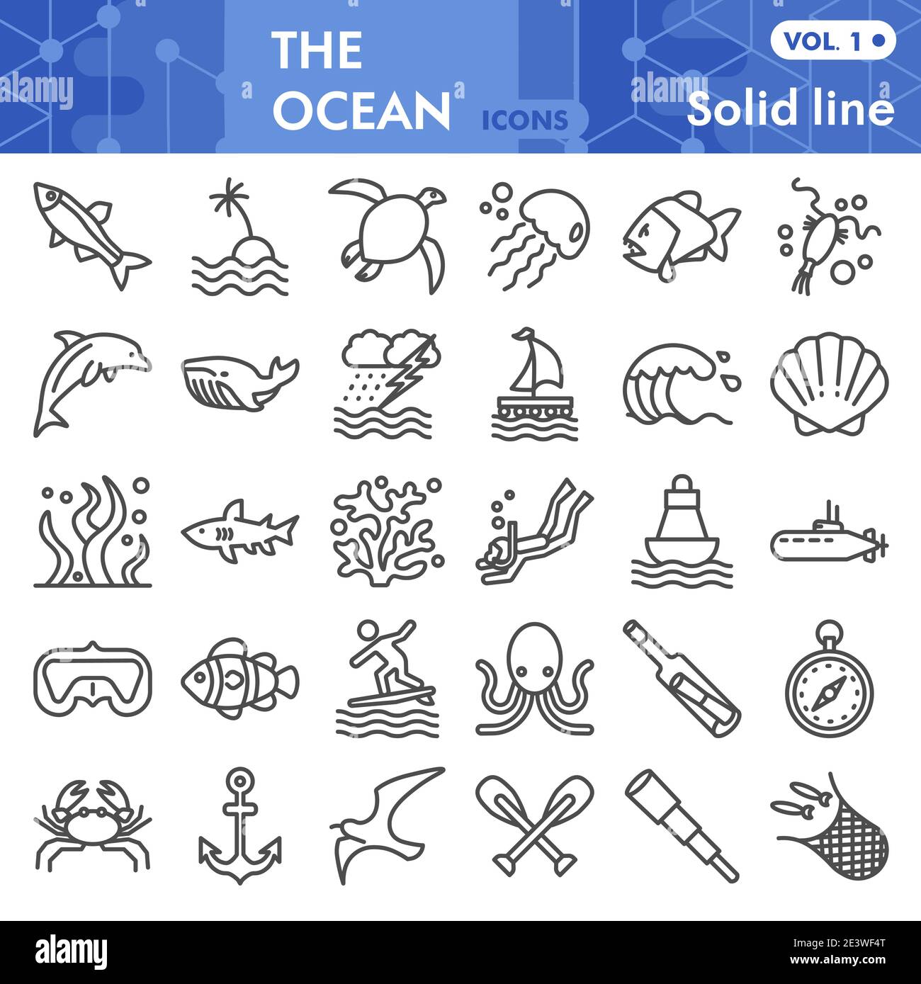 Ocean Line Icon Set, nautische Symbole Sammlung oder Skizzen. Marine ...