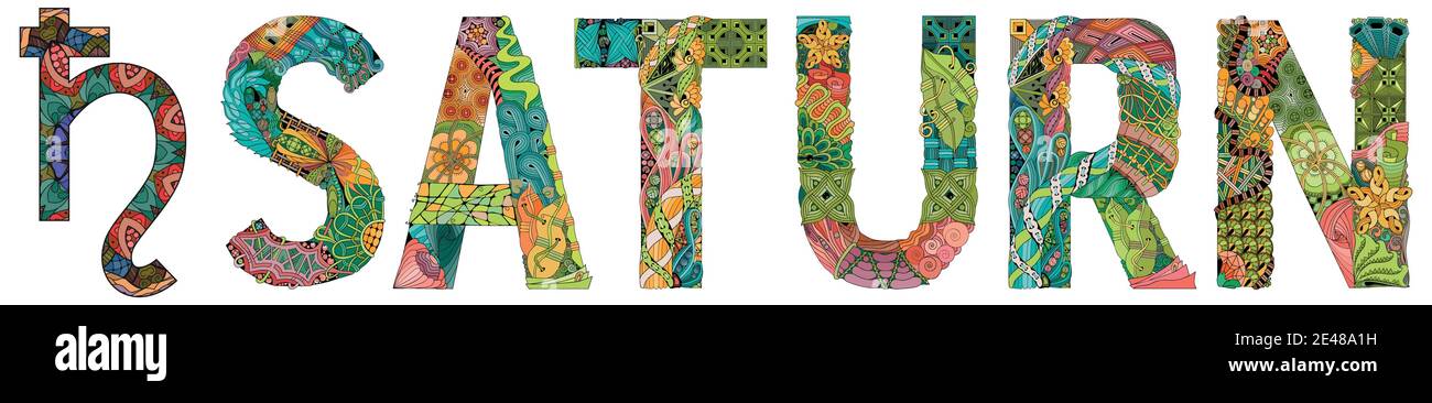 Vektor handgezeichnete Illustration von Saturn Zeichen mit Wort ...