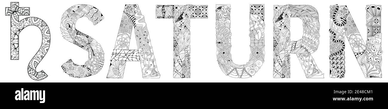 Vektor handgezeichnete Illustration von Saturn Zeichen mit Wort ...