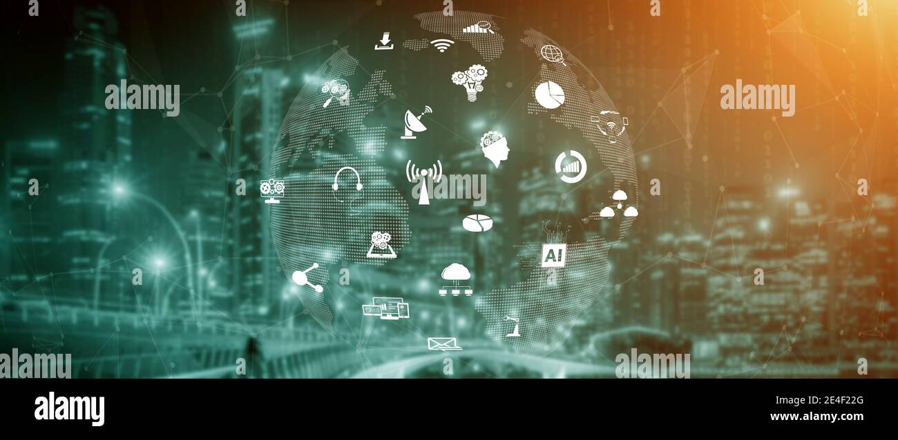 Erweiterte Kommunikation und globale Internet-Netzwerk-Verbindung in Smart City . Konzept der ...