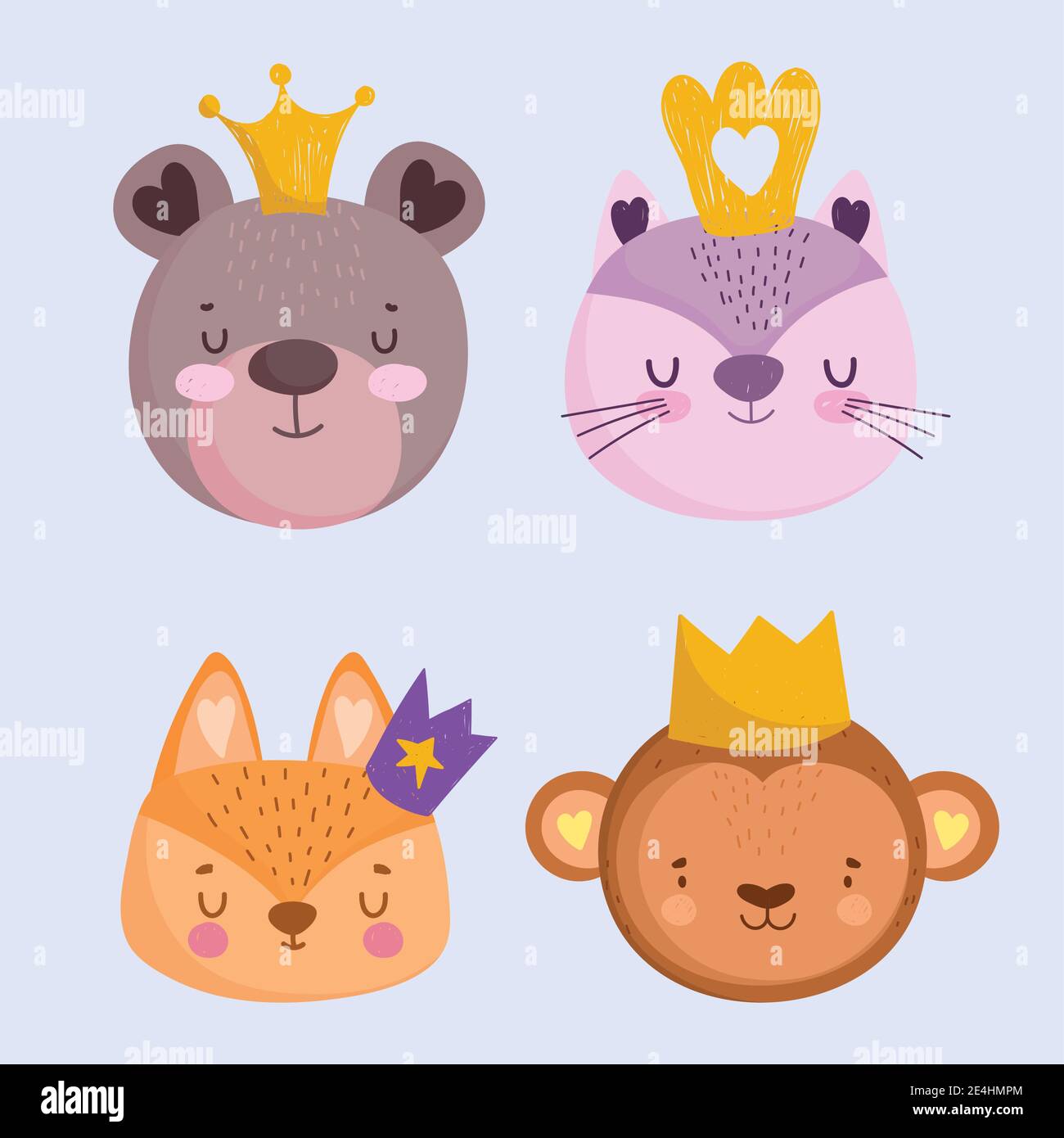 Niedliche Bär Katze Affen und Fuchs mit Krone Tiere Gesichter Cartoon ...