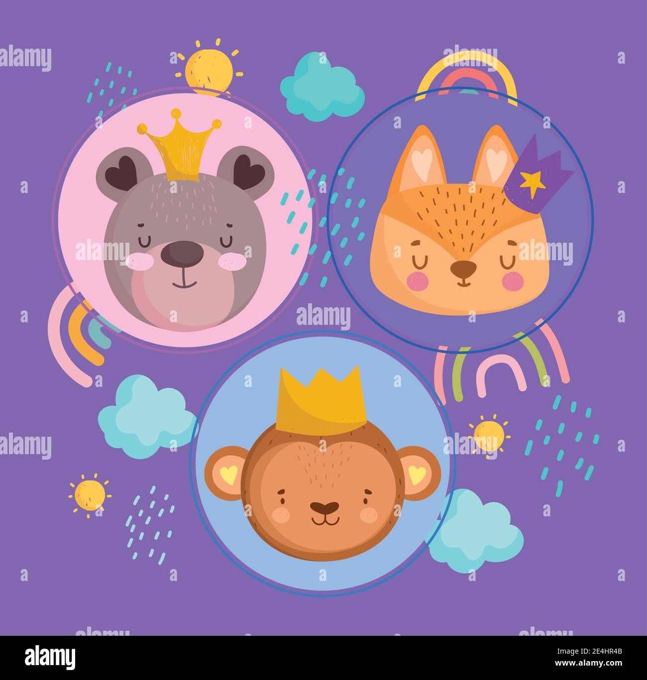 Nette Tiere Gesichter mit Kronen Regenbogen Wolken und Sonne Cartoon ...