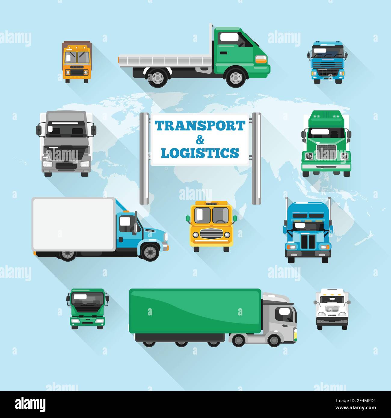 LKW Transport und Logistik Liefersymbole flach mit Weltkarte ... LKW Transport und Logistik Liefersymbole flach mit Weltkarte ...