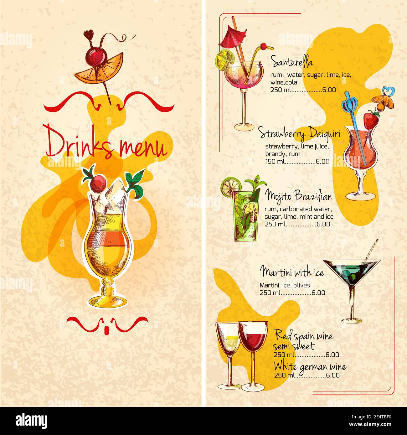 Restaurant Bar Wein Cocktails und alkoholische Getränke Menü Skizze ...