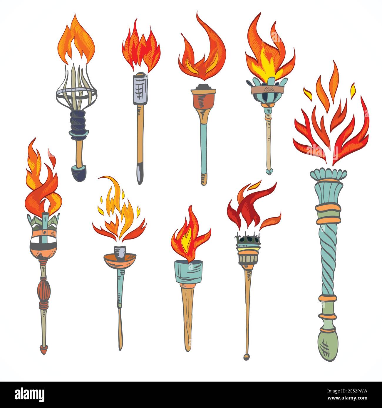 Feuer glühende Flamme Retro-Skizze Fackel Icons Set isoliert Vektor ...