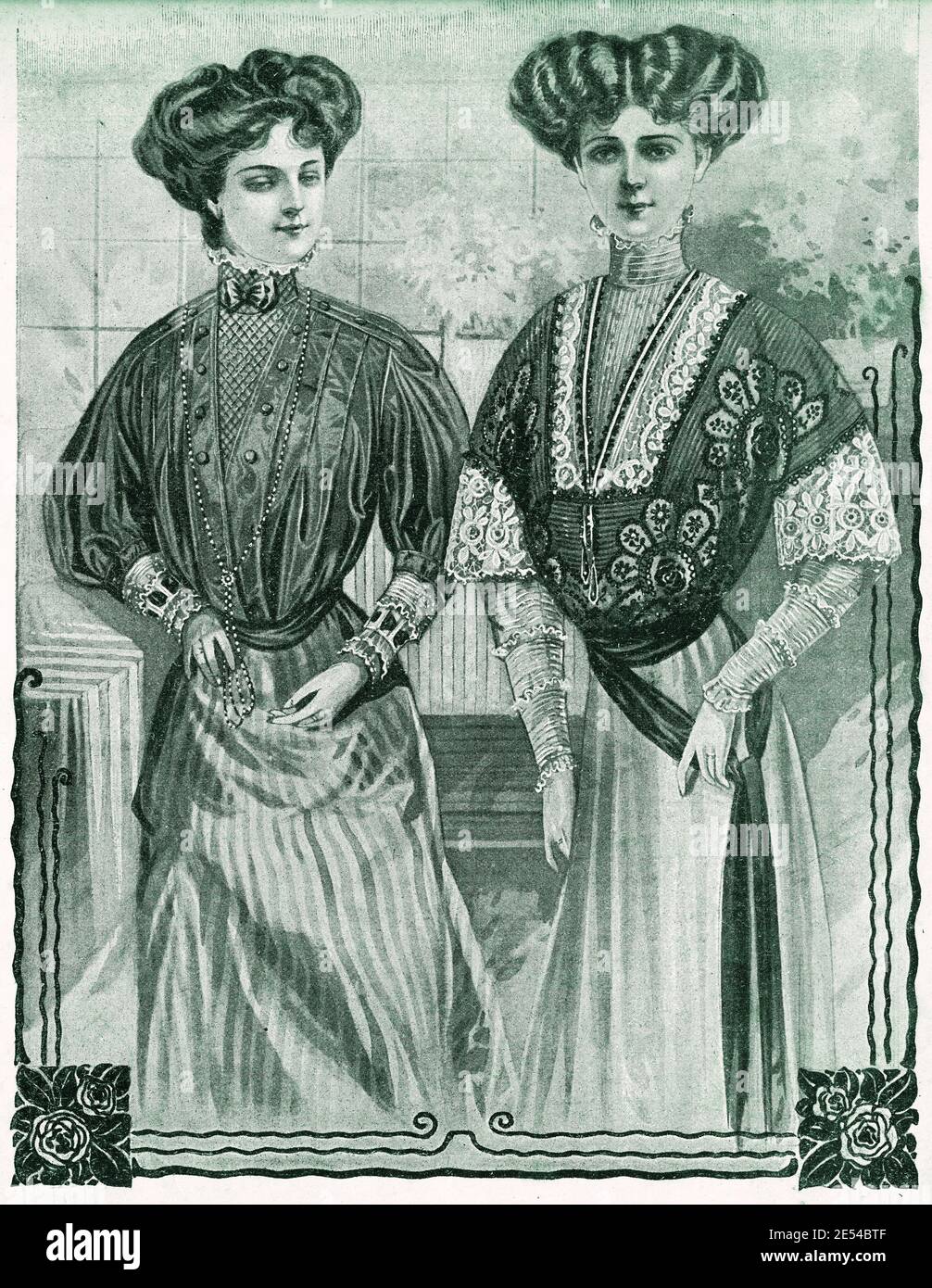 Ladies Fashion 1908, lange und elegante Linien mit Korsett, um eine eng ...