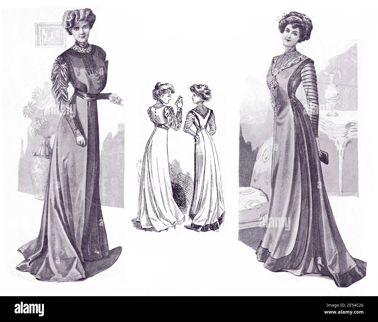 Ladies Fashion 1908, lange und elegante Linien mit Korsett, um eine eng ...