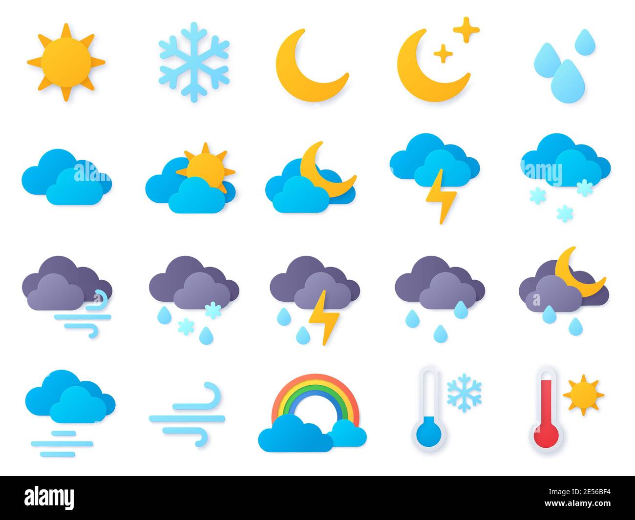 Wettersymbole für den Papierschnitt. Symbole für Regen, Regenbogen ...