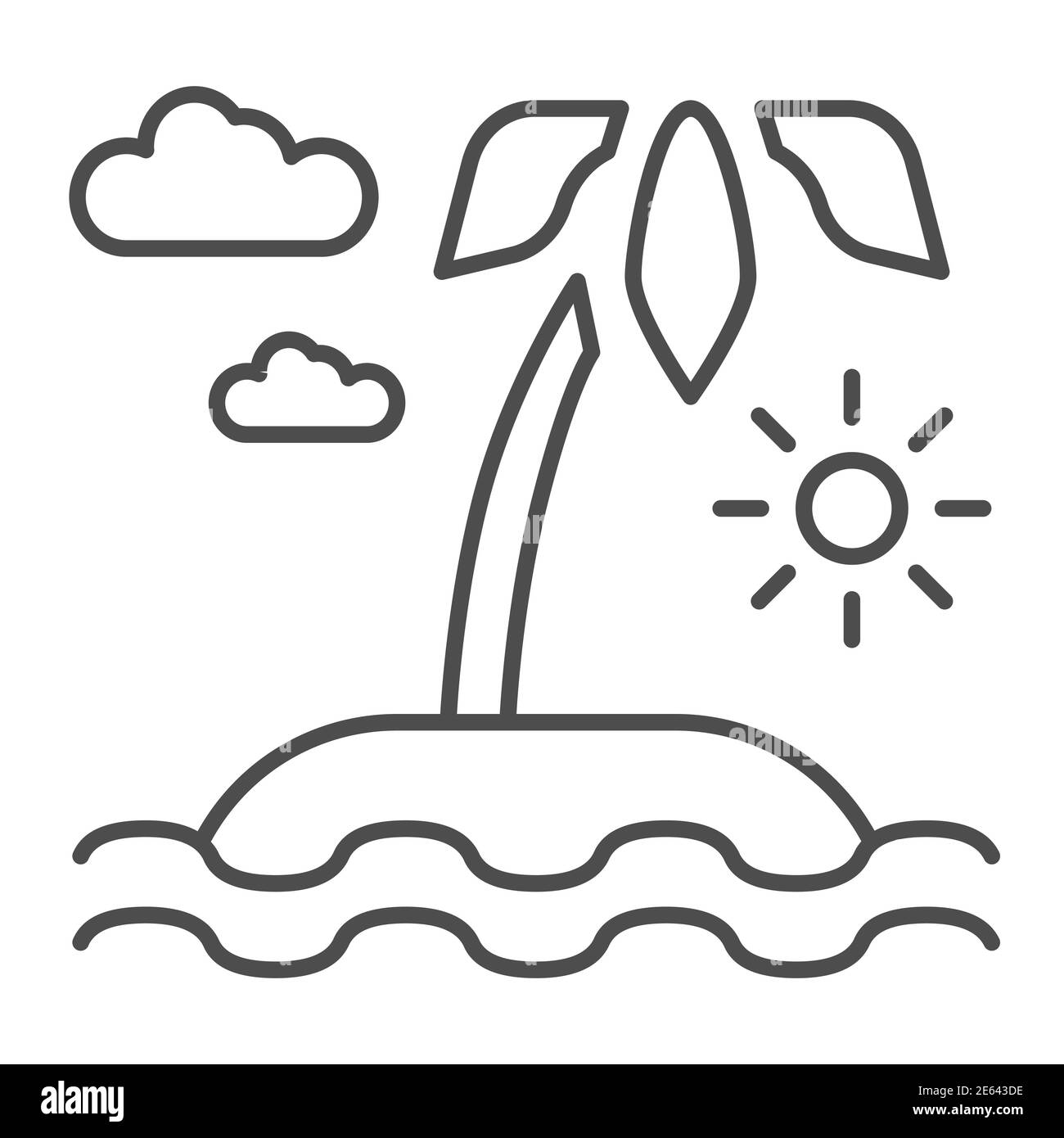 Insel mit Sonne, Wellen und Palmen dünne Linie Symbol, Ozean-Konzept ...