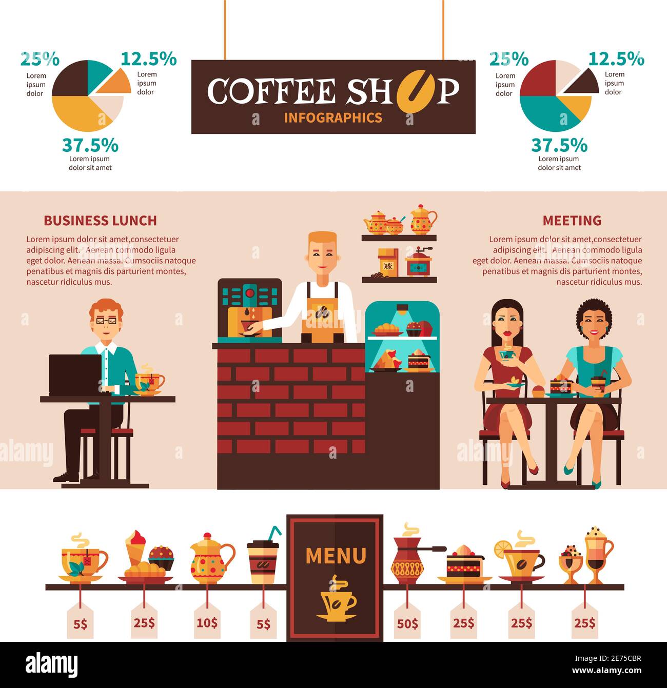 Café-Informatik-Banner mit Menü flache Symbole und Besucher Statistik ...