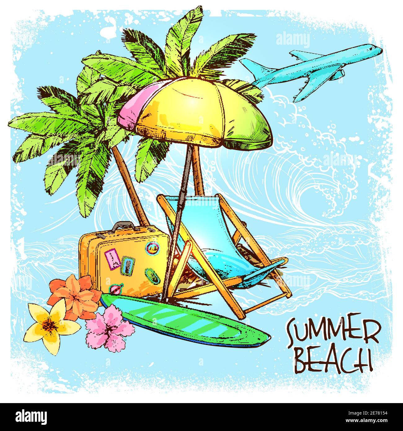 Sommer Strand Konzept mit Skizze Palmen Sonnenliege und Sonnenschirm ...