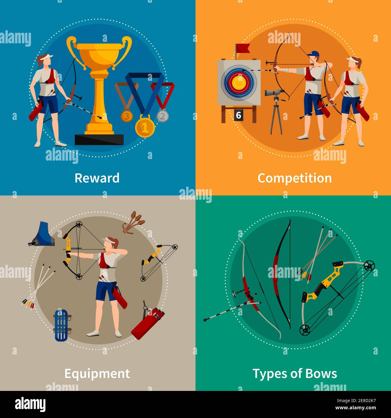 Bunte Bogenschießen flach 2x2 Symbole mit Bogenschützen Belohnungen ...