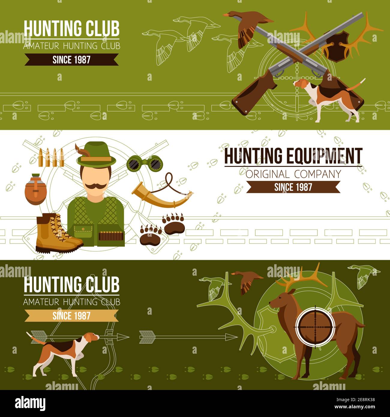 Jagd horizontale Banner mit Jäger Stiefel Horn Fernglas Waffen Granate ...