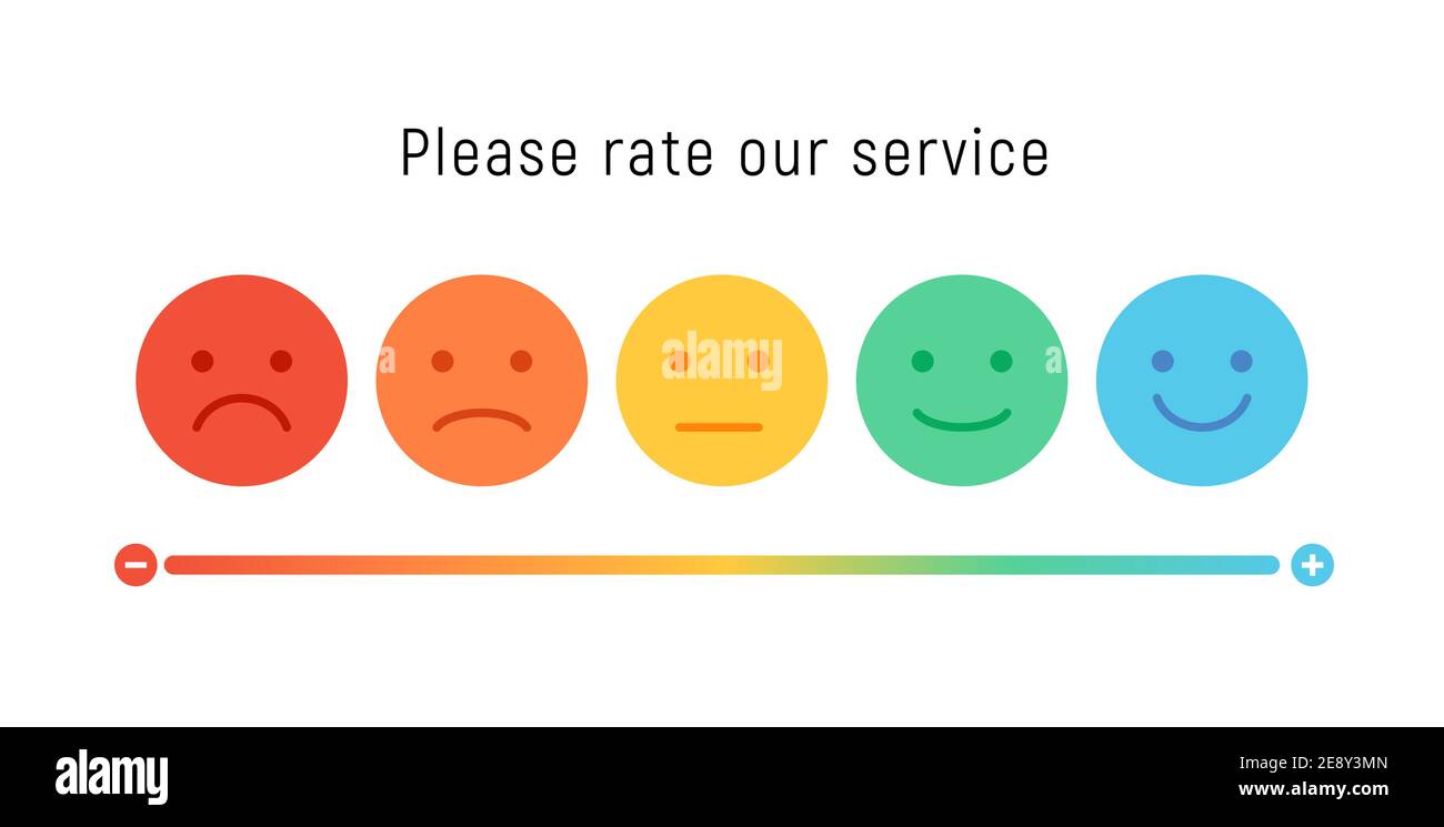 Emoji-Symbol für Smiley-Rate-Skala. Feedbackrate Umfrage Emoticon Zufriedenheitsmesser Stock ...