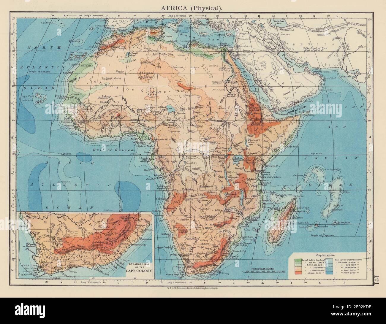 AFRIKA PHYSISCH. Relief Ozeantiefen Flüsse. JOHNSTON 1901 alte antike ...