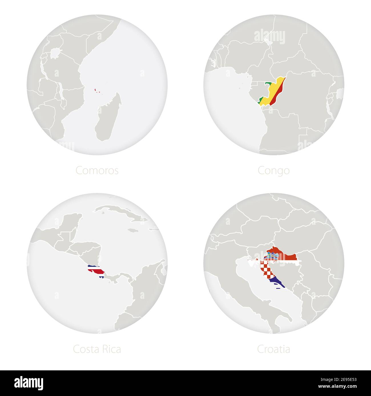 Komoren, Kongo, Costa Rica, Kroatien Karte Kontur und Nationalflagge in ...