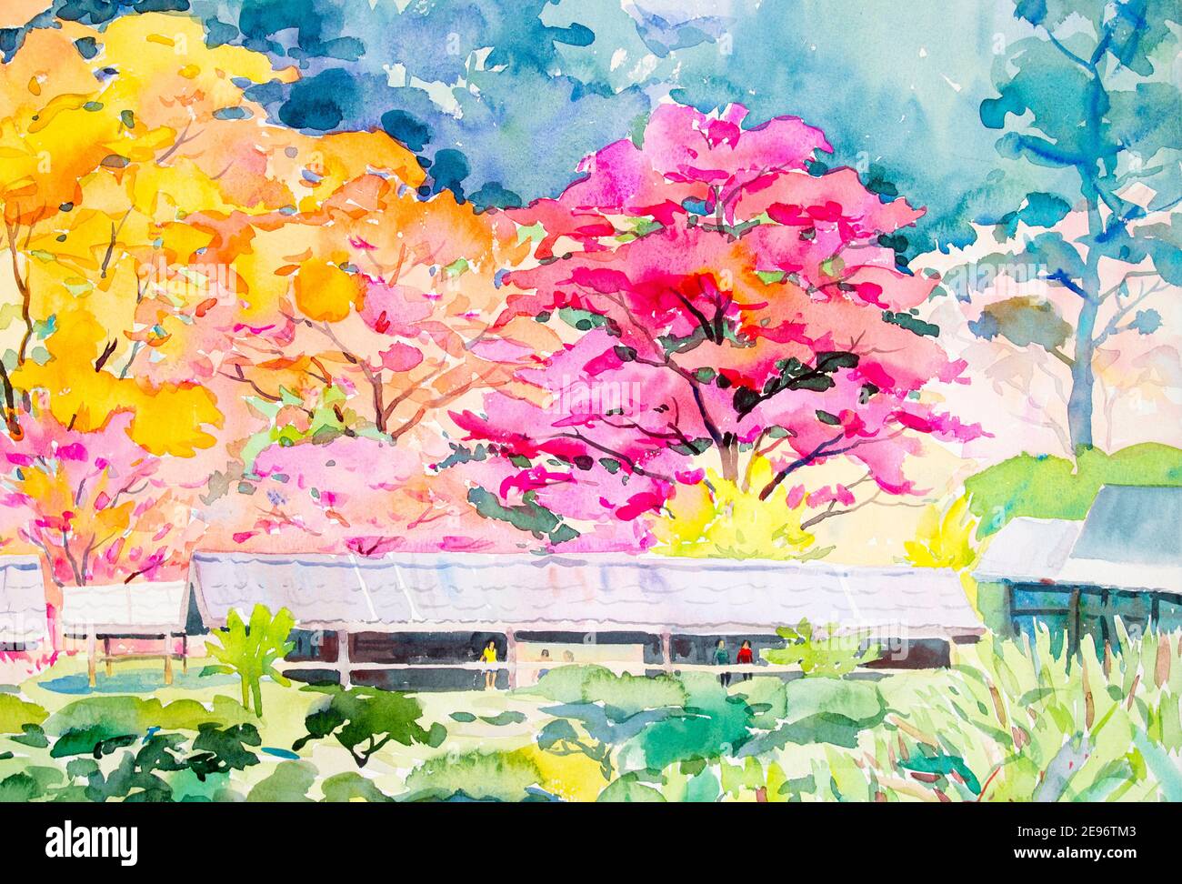 Aquarell Landschaft original Gemälde bunt von wilden himalaya-Kirsche ...